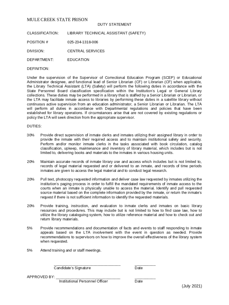 MULE CREEK STATE PRISON Doc Template | pdfFiller