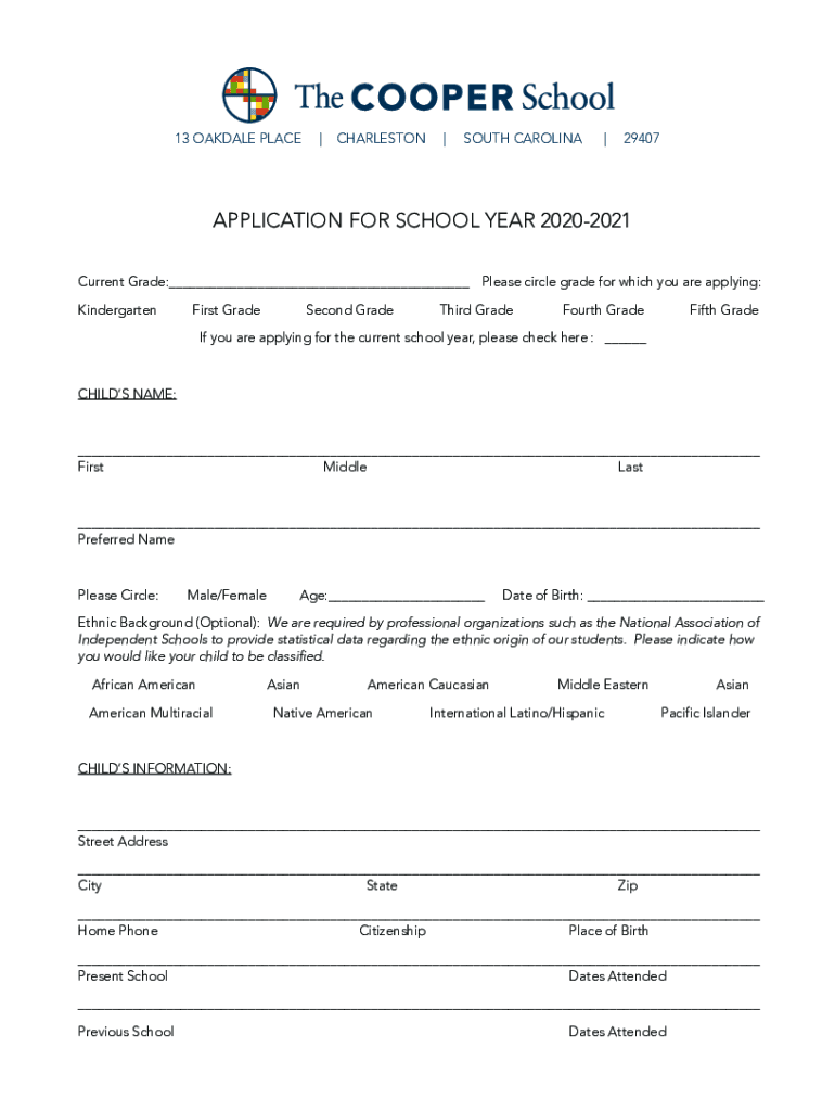 Fillable Online APPLICATION FOR SCHOOL YEAR 2020-2021 - The Cooper School Fax Email Print ...