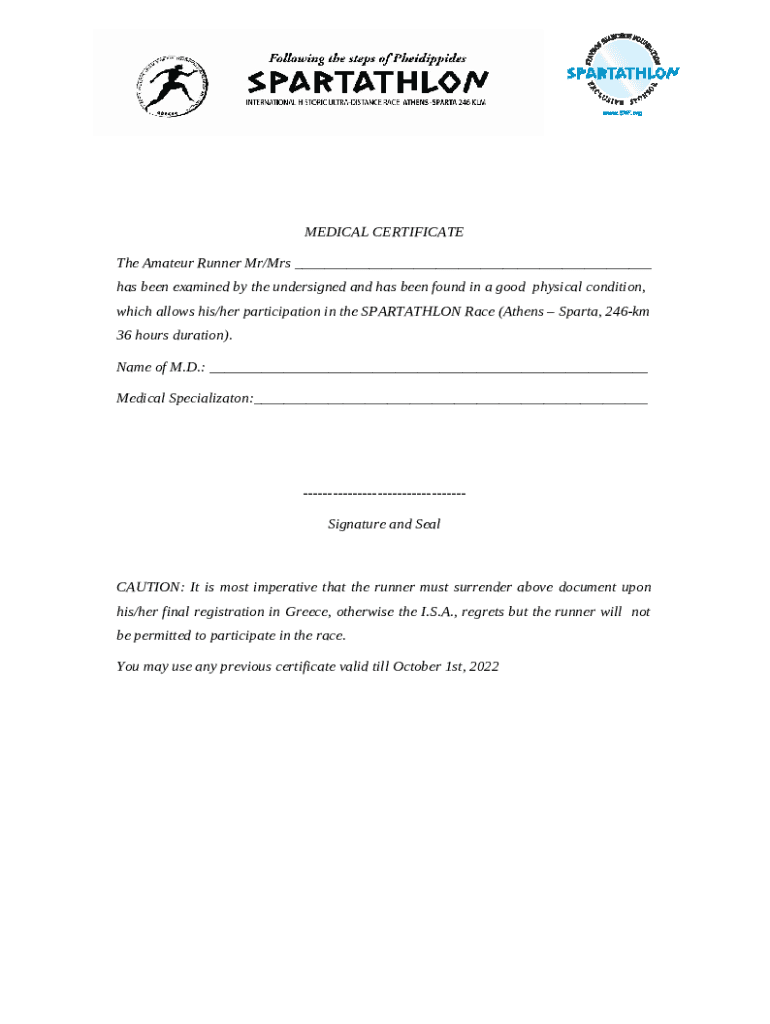 MEDICAL CERTIFICATE The Amateur Runner Mr/Mrs Doc Template | pdfFiller