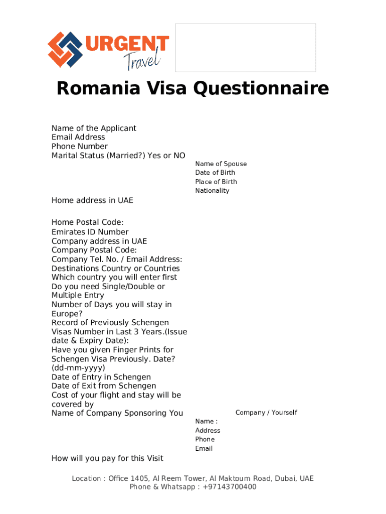 Romania Visa Questionnaire Doc Template | pdfFiller