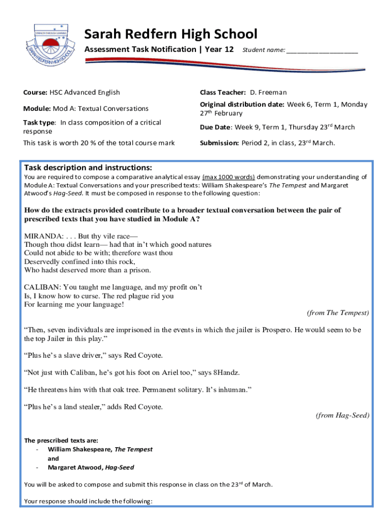 Fillable Online Copy of FINAL Year 12 English Standard and Advanced ... Fax Email Print - pdfFiller