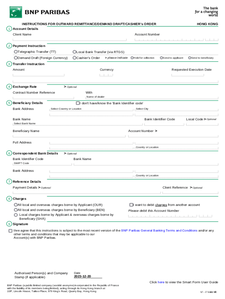 Fillable Online Remittance Application Form BNP (Hong Kong). Outward ...