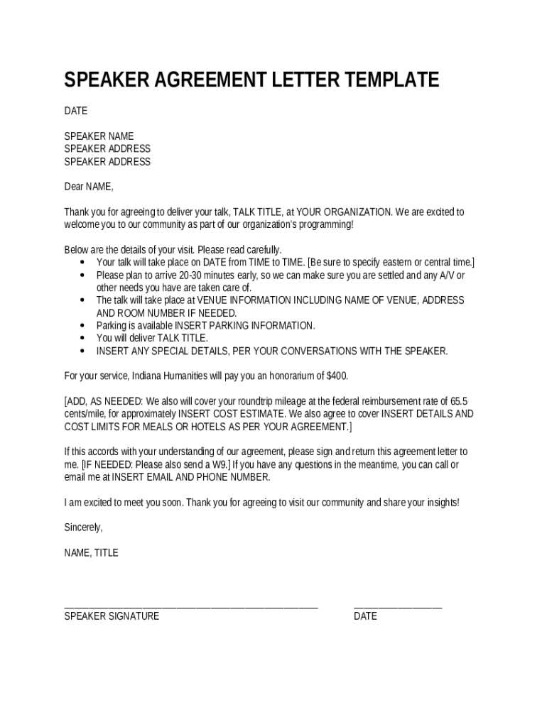 Guidelines for Speaker Agreement Template Doc Template | pdfFiller