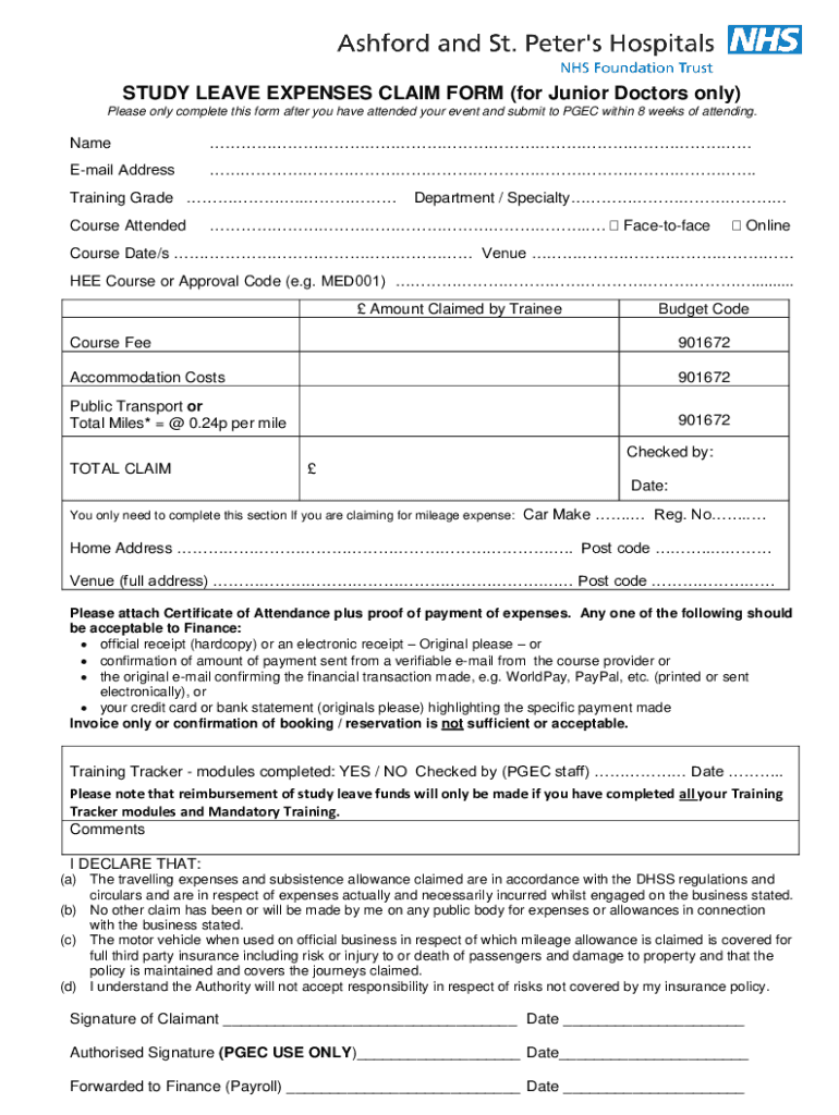 Fillable Online STUDY LEAVE EXPENSES CLAIM FORM (for Junior ... Fax Email Print - pdfFiller