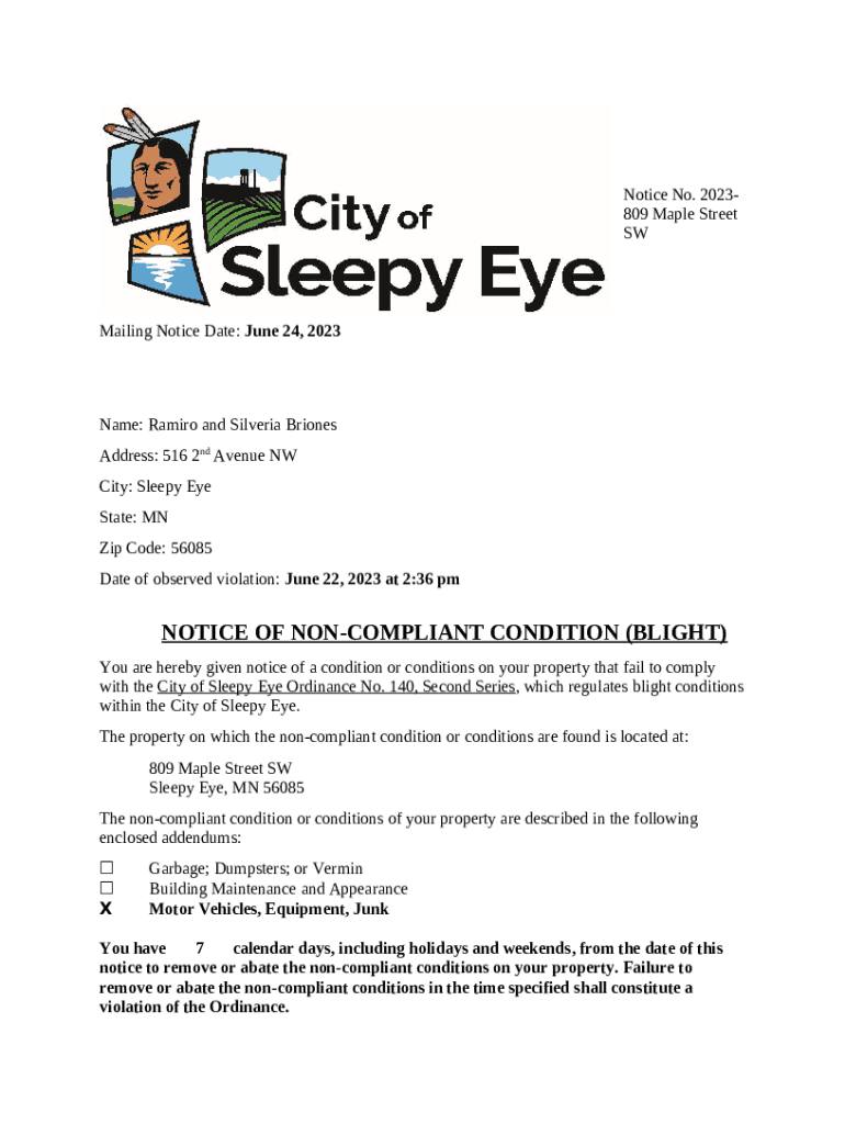 notice of non-compliant condition (blight) Doc Template | pdfFiller