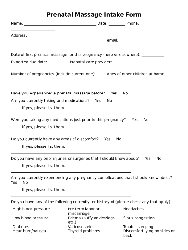 Pregnancy Massage Health / Intake Doc Template | pdfFiller