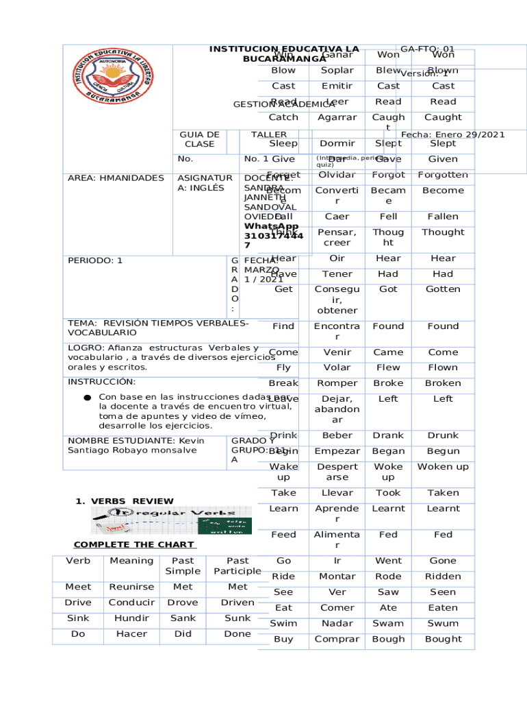 COMPLETE THE CHART Verb Meaning Past Simpl e Past ... Doc Template ...