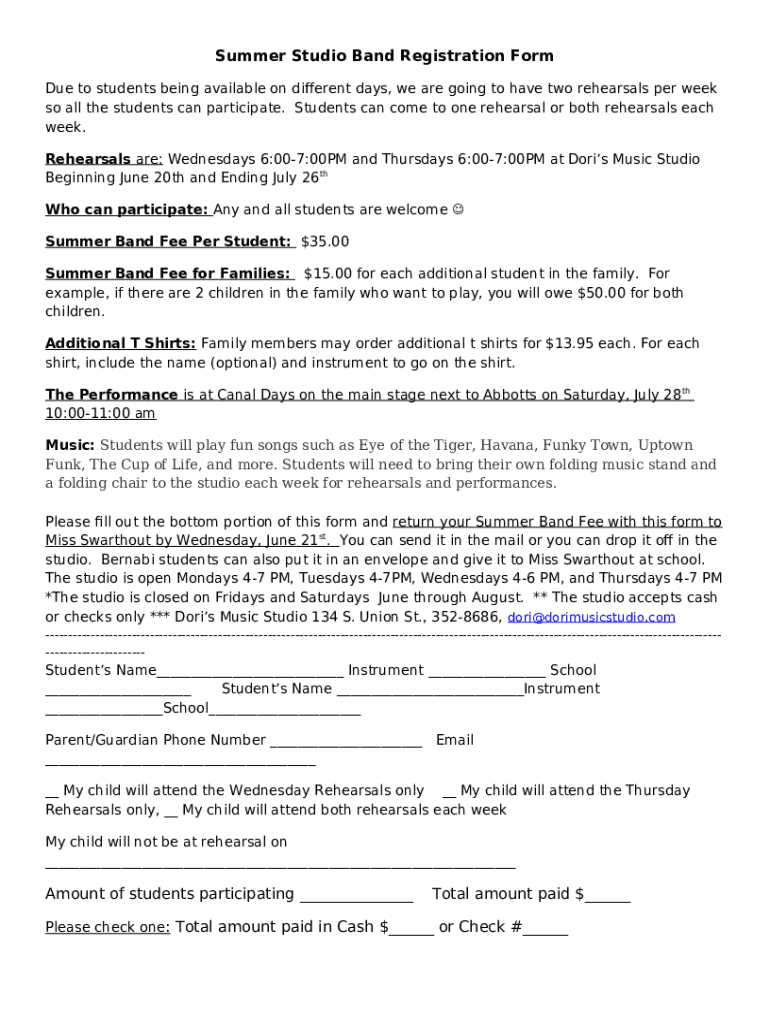 Summer Studio Band Registration Doc Template | pdfFiller