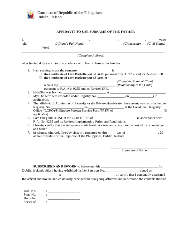 Affidavit To Use The Surname of The Father - , - Filipino Doc Template ...