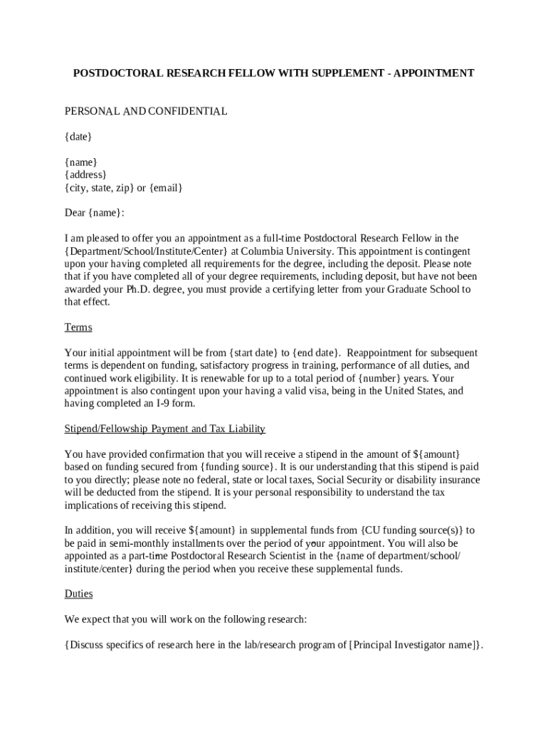 Postdoctoral Research Fellow Offer Letter Doc Template | pdfFiller