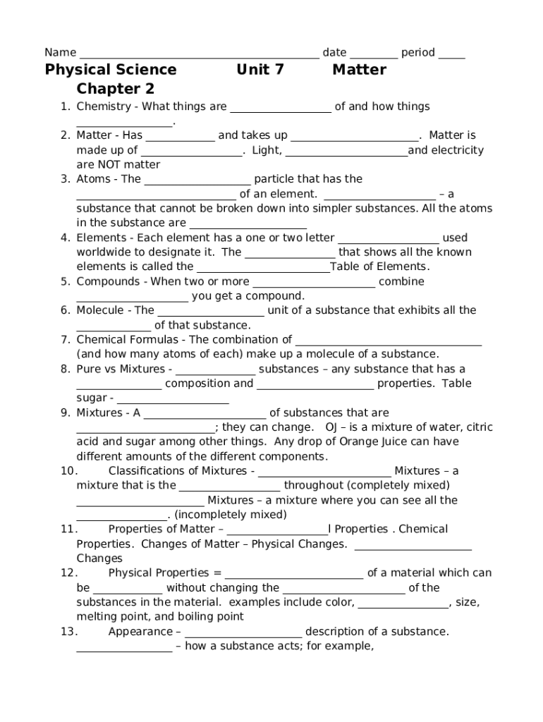 Physical Science Unit 7 Matter Chapter 2 Doc Template | pdfFiller