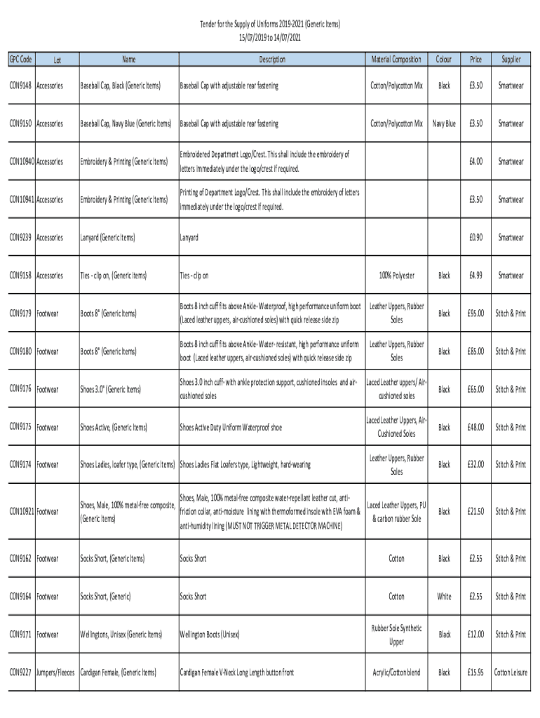 Fillable Online Tender for the Supply of Uniforms 2019-2021 (Generic Items) Fax Email Print ...