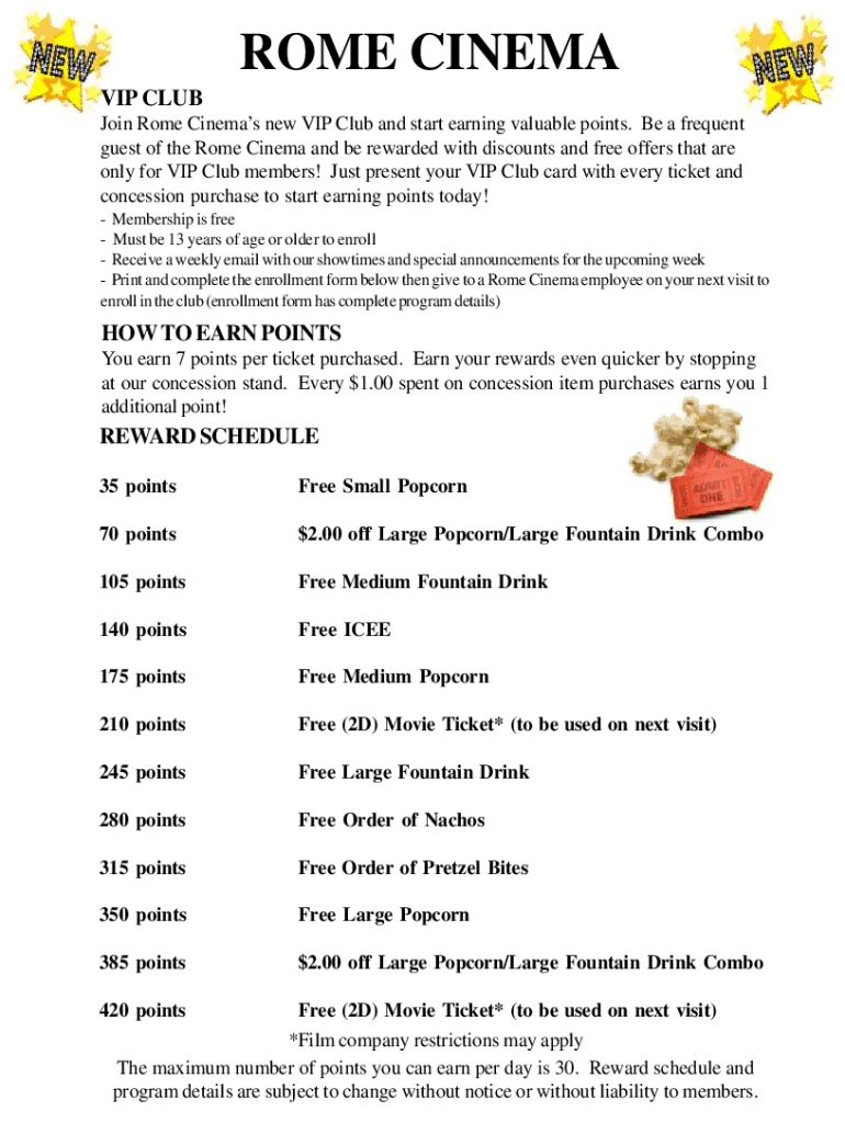 Fillable Online Fillable Online Join Rome Cinema's VIP Club and start ...