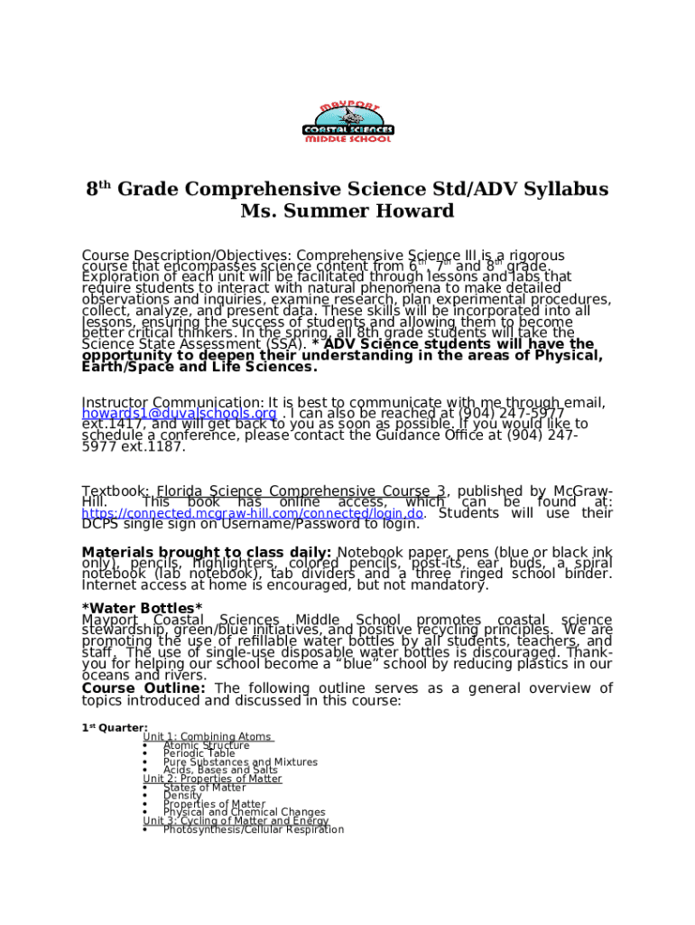 8 th Grade Comprehensive Science Std/ADV Syllabus Ms. ... Doc Template | pdfFiller