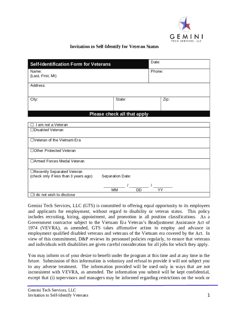 4. Invitation to Self Identify (Veterans) Doc Template | pdfFiller