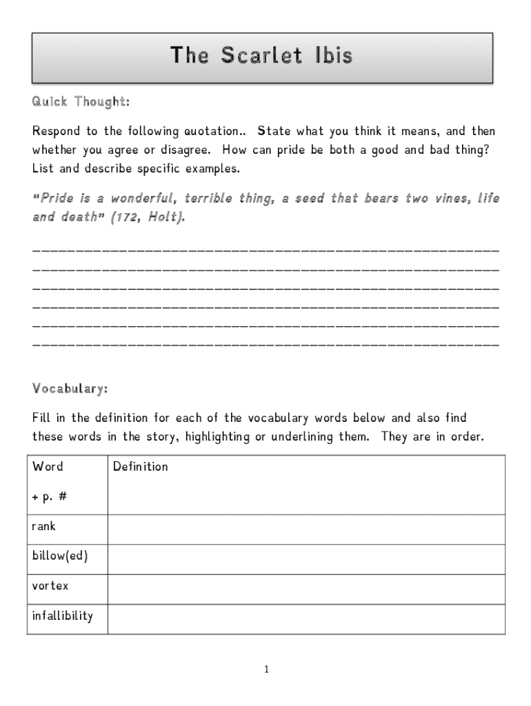 Fillable Online Pride In The Scarlet Ibis, By James Hurst - 457 Words ...