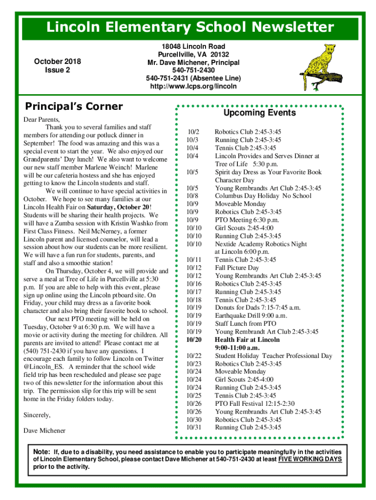 Fillable Online Lincoln Elementary School Newsletter - Lincoln Elementary PTO Fax Email Print ...