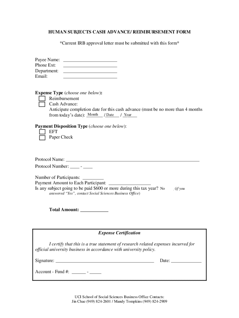 Fillable Online Human subjects cash advance/ reimbursement form Fax ...