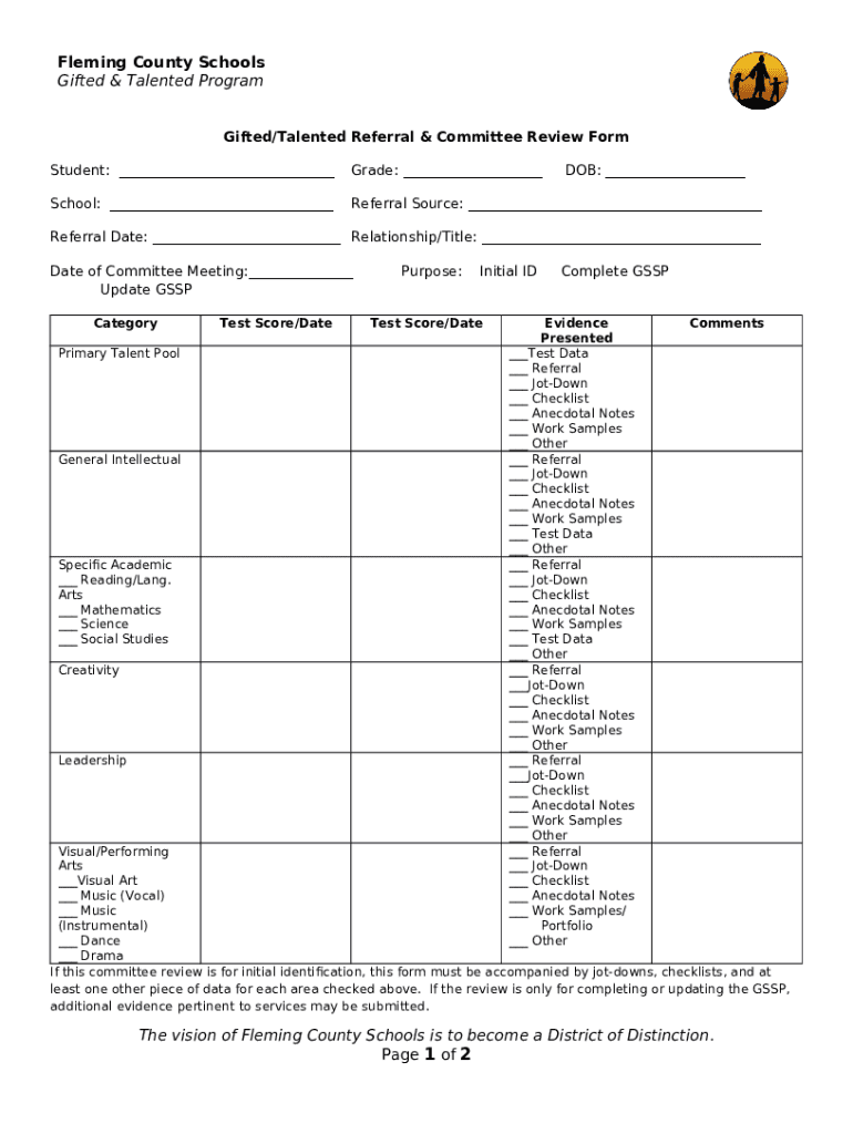 Gifted/Talented Referral & Committee Review Doc Template | pdfFiller