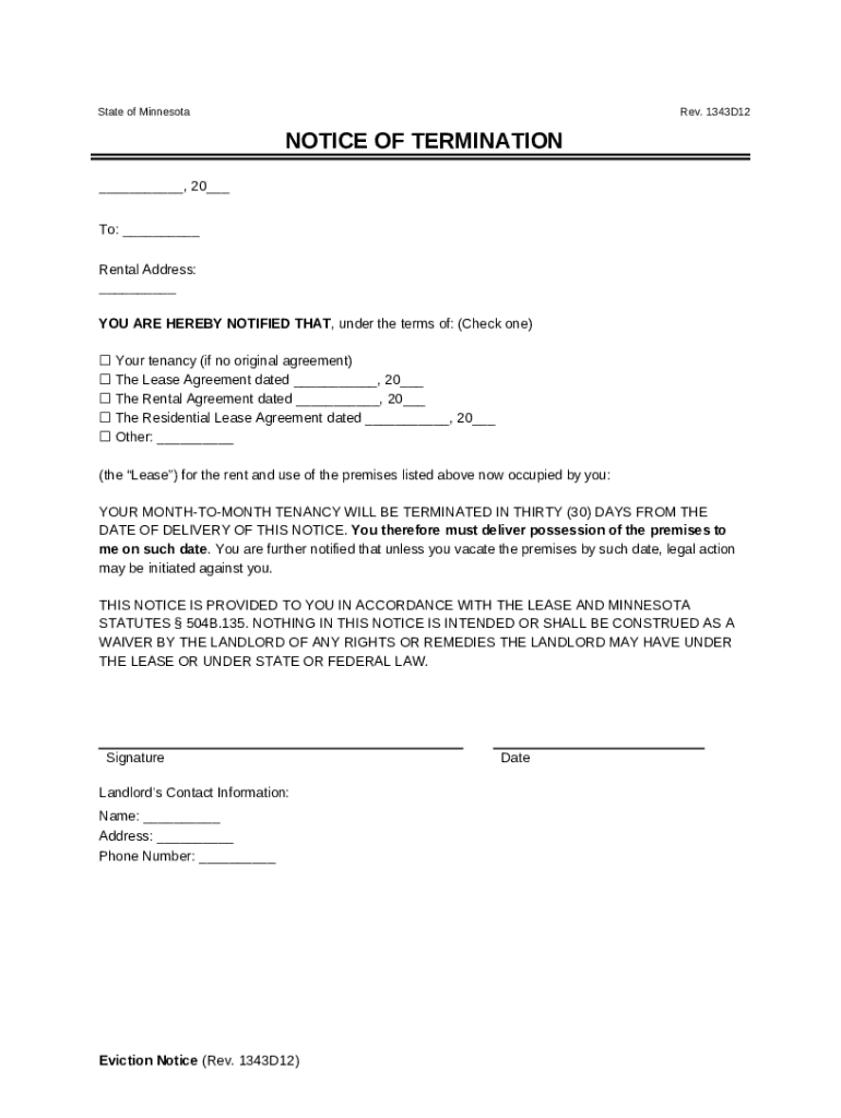 Minnesota Lease Termination Notice s Doc Template | pdfFiller