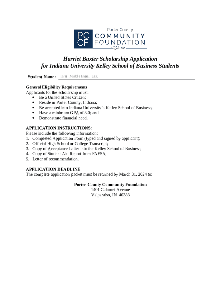 Harriet Baxter Scholarship Application for Indiana ... Doc Template ...