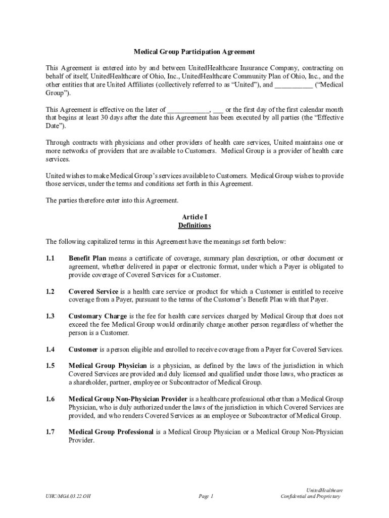Fillable Online Medical Group Participation Agreement ...