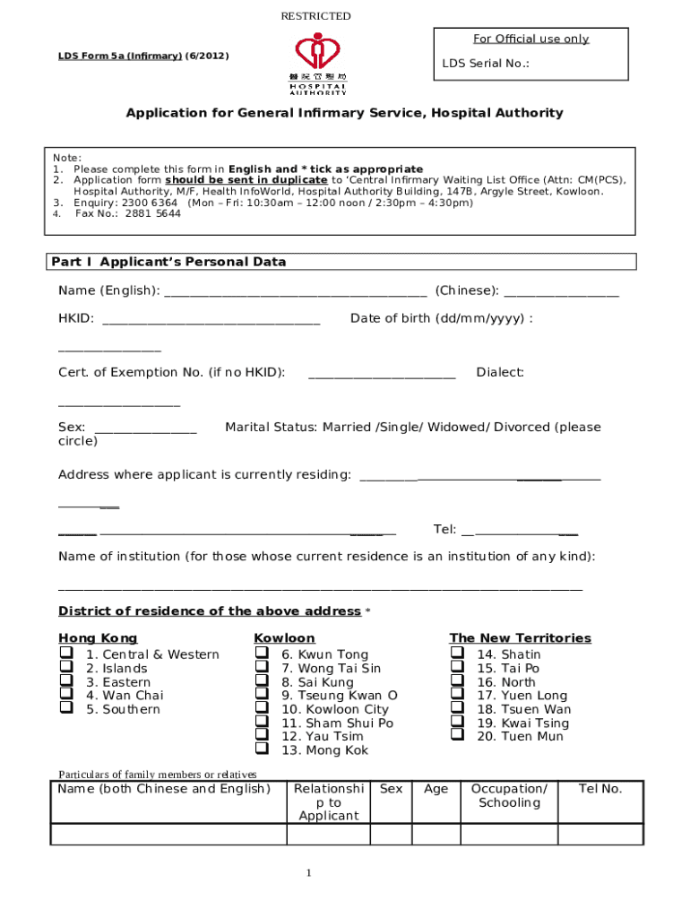 Application for General Infirmary Service, Hospital Authority Doc ...