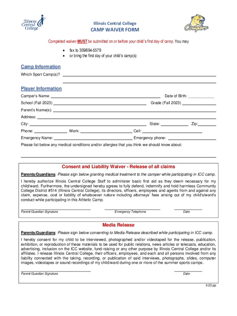 Fillable Online Illinois Central College - CAMP WAIVER FORM Fax Email ...