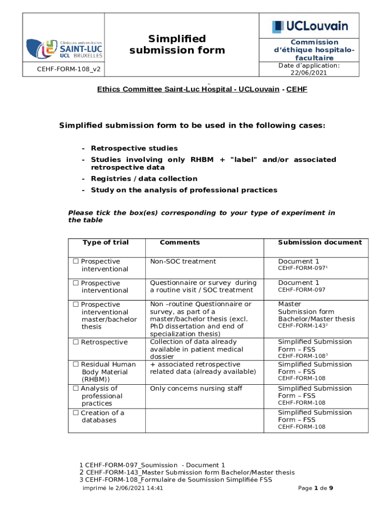 Simplified submission (+PACO CTC). CEHF--108v2 Doc Template | pdfFiller