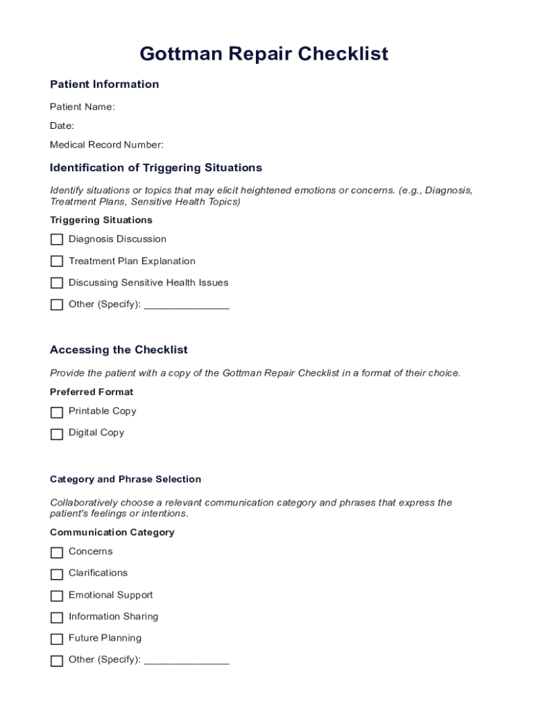 Fillable Online Gottman Repair Checklist Template PDF. Download the ...