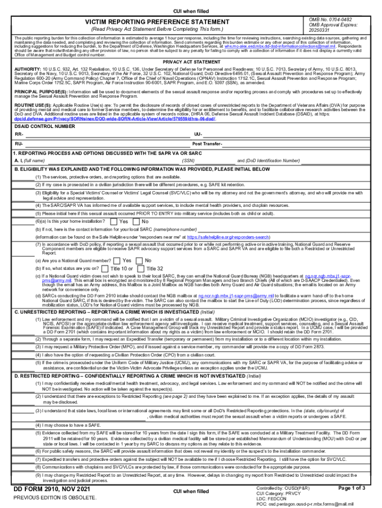 Fillable Online DD Form 2910,"VICTIM REPORTING PREFERENCE STATEMENT ...