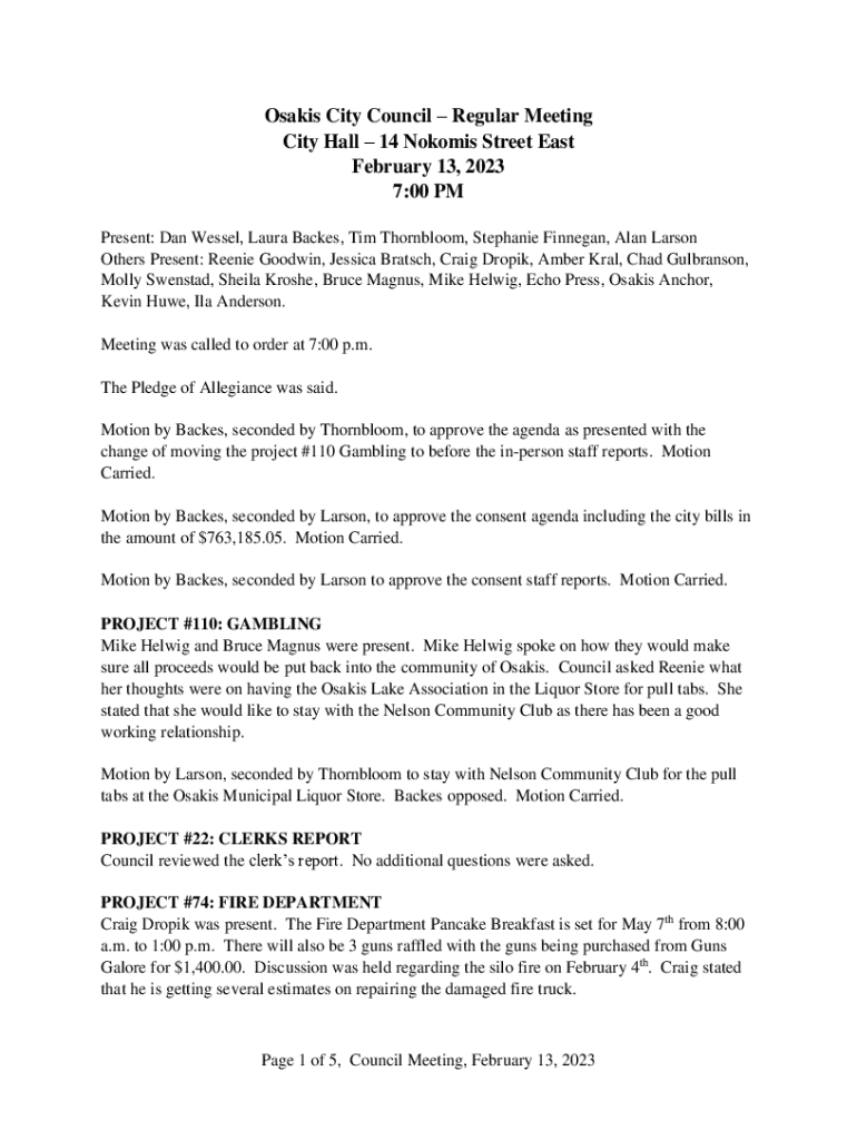 Fillable Online Present: Dan Wessel, Laura Backes, Tim Thornbloom ...