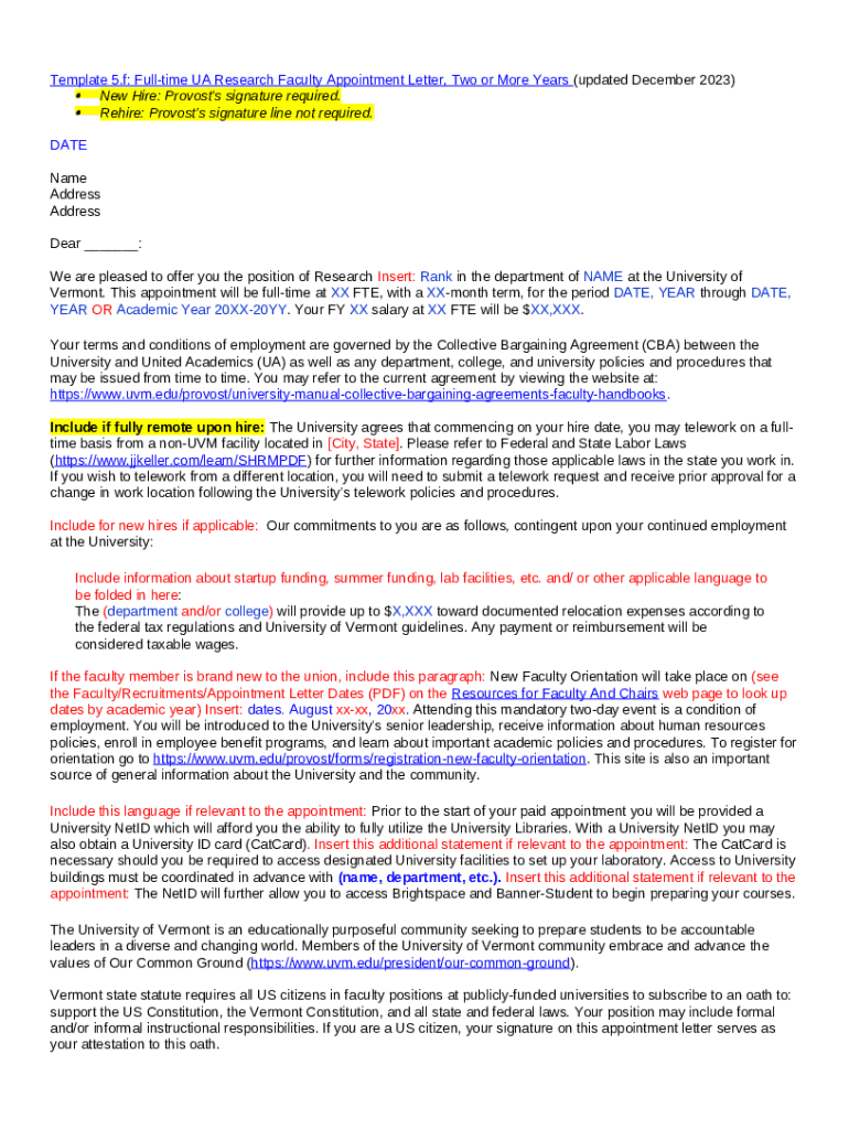 f: Full-time UA Research Faculty Appointment Letter, Two or More Years (updated December 2023 ...