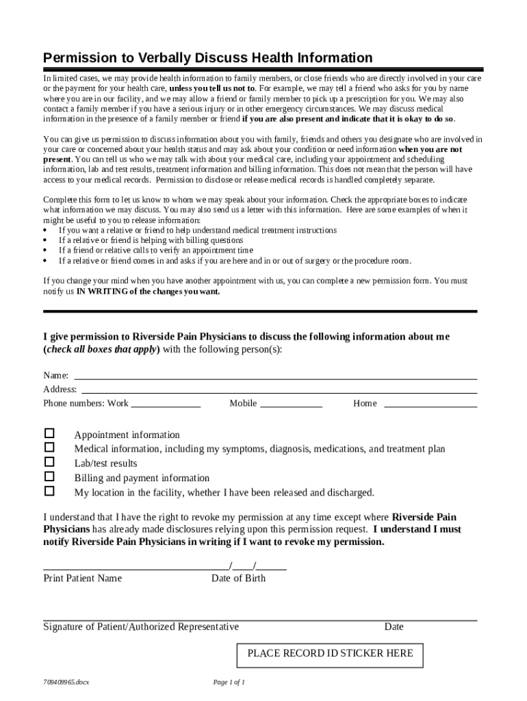 Consent to Verbally Disclose Protected Health Ination ... Doc Template ...