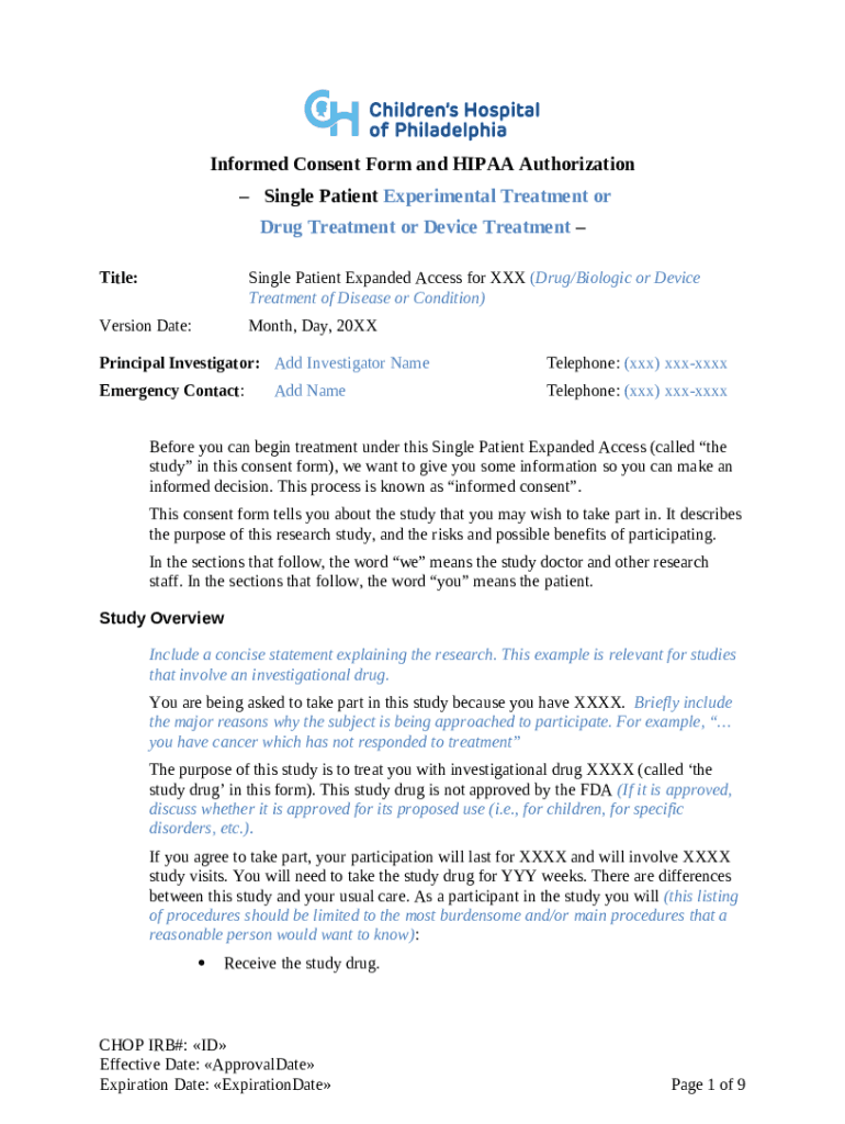 Consent Template: Single Patient Expanded Access IND, IDE Doc Template ...