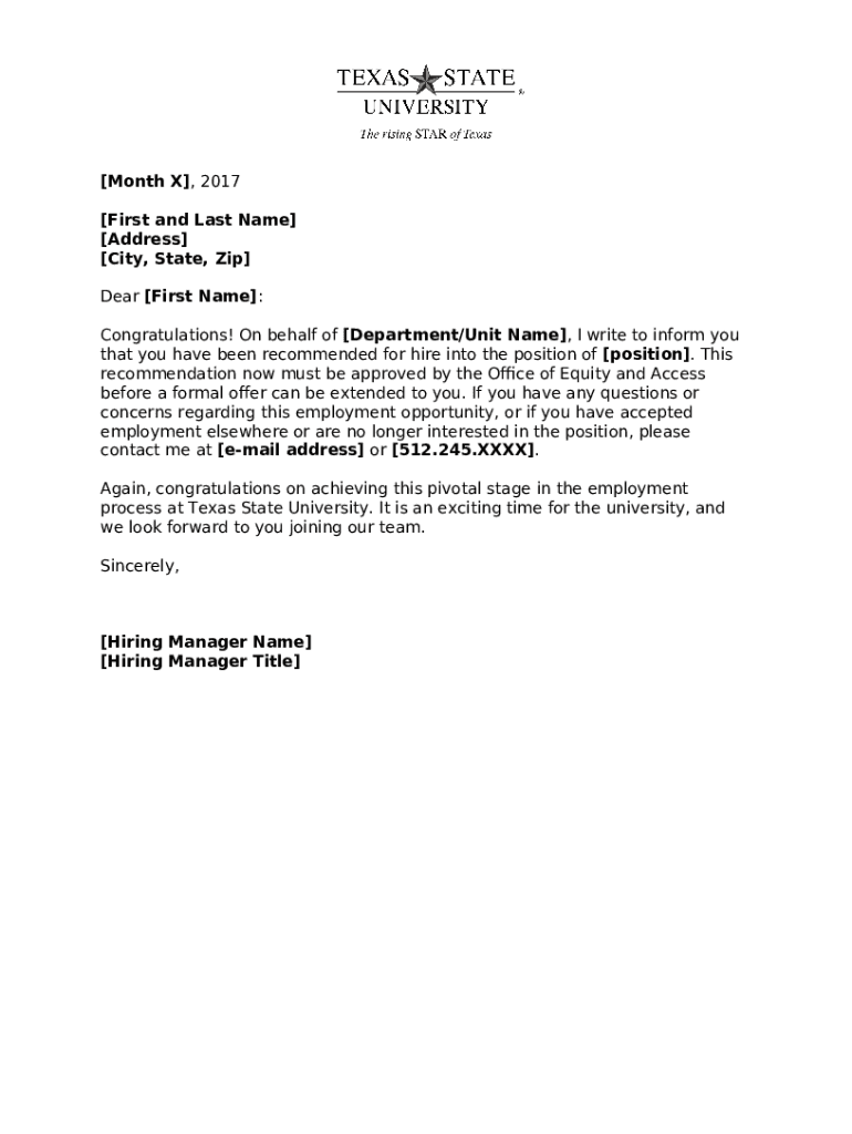 Recommended for Hire Letter Doc Template | pdfFiller