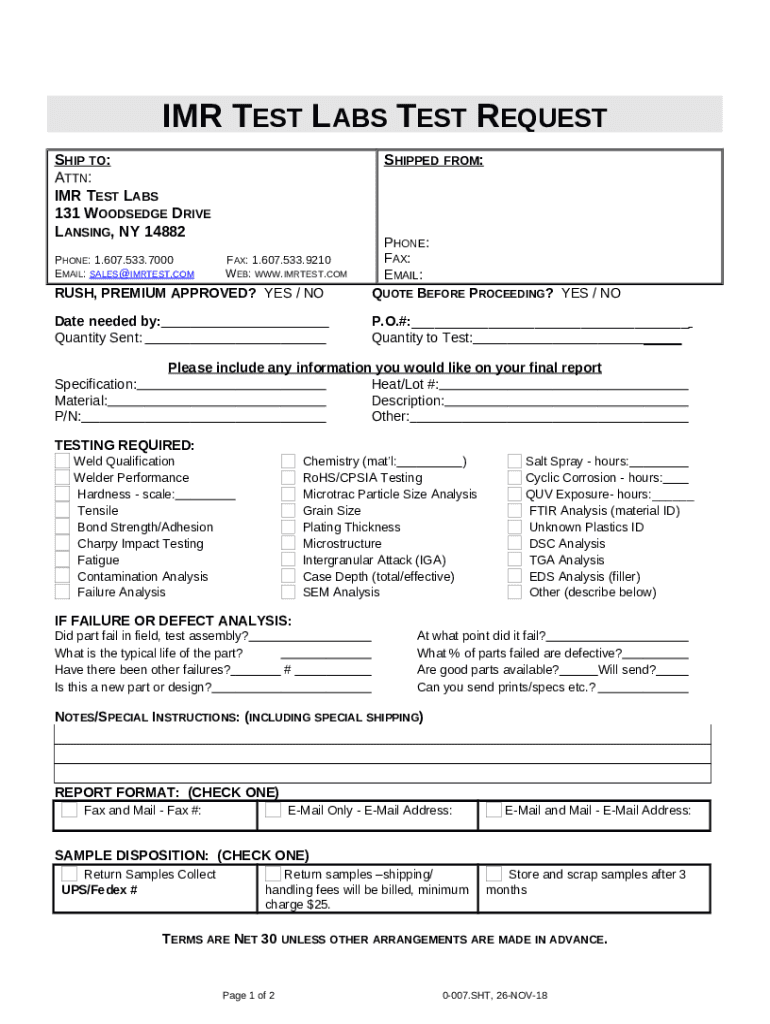 IMR Test Labs: Materials Testing Services Doc Template | pdfFiller