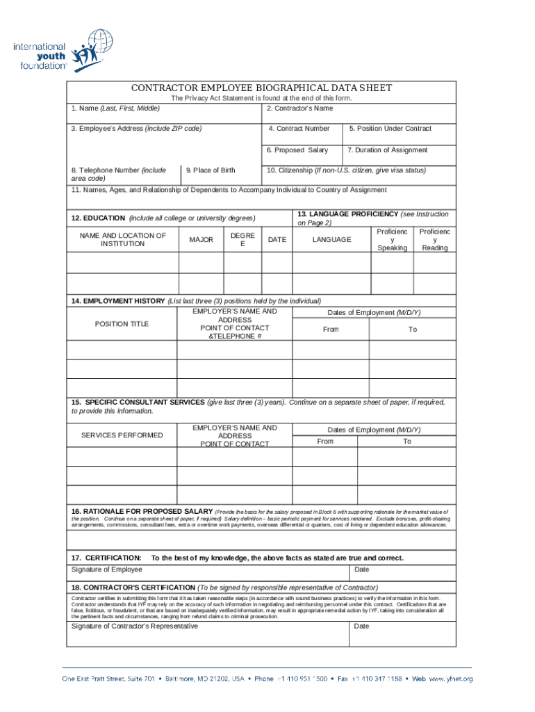 Biographical Data Sheet: I. Employee/ContractorPDF Doc Template | pdfFiller