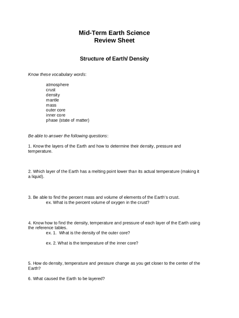 Y PACKET FOR EARTH SCIENCE MIDTERM EXAM Doc Template | pdfFiller