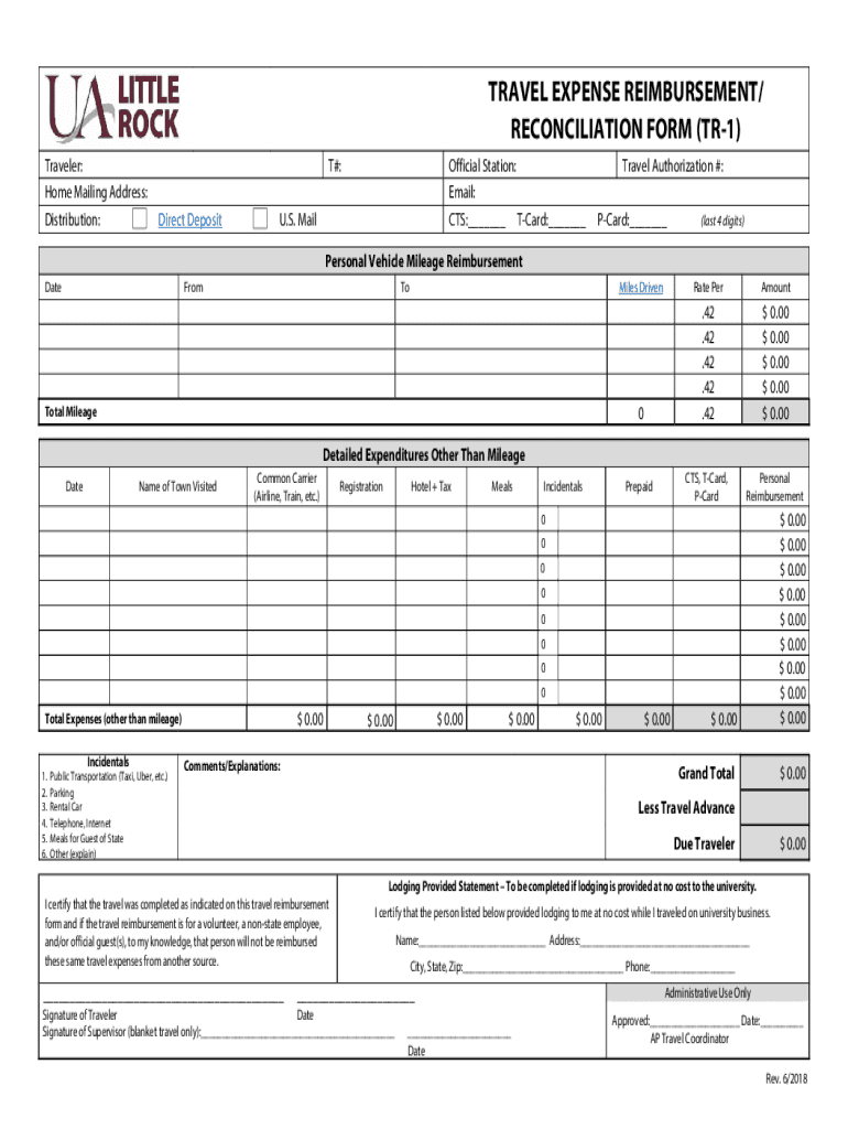 Fillable Online Travel Expense Reimbursement/Reconciliation Form (TR-1 ...
