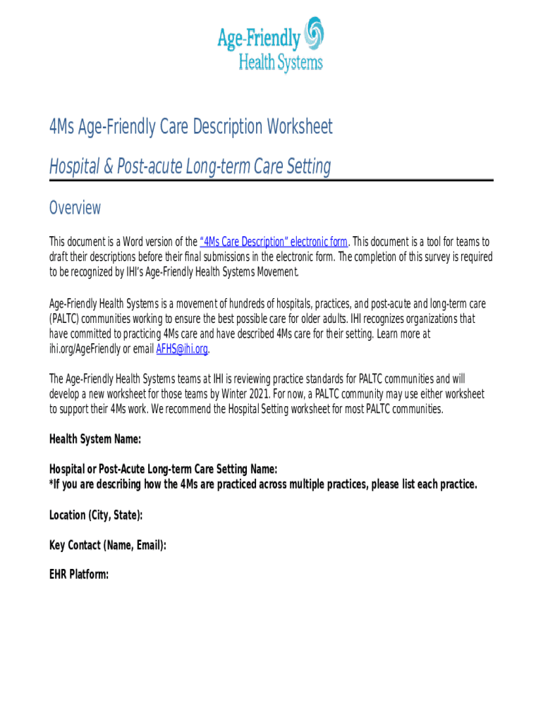4Ms Age-Friendly Care Description Worksheet Hospital & ... Doc Template | pdfFiller