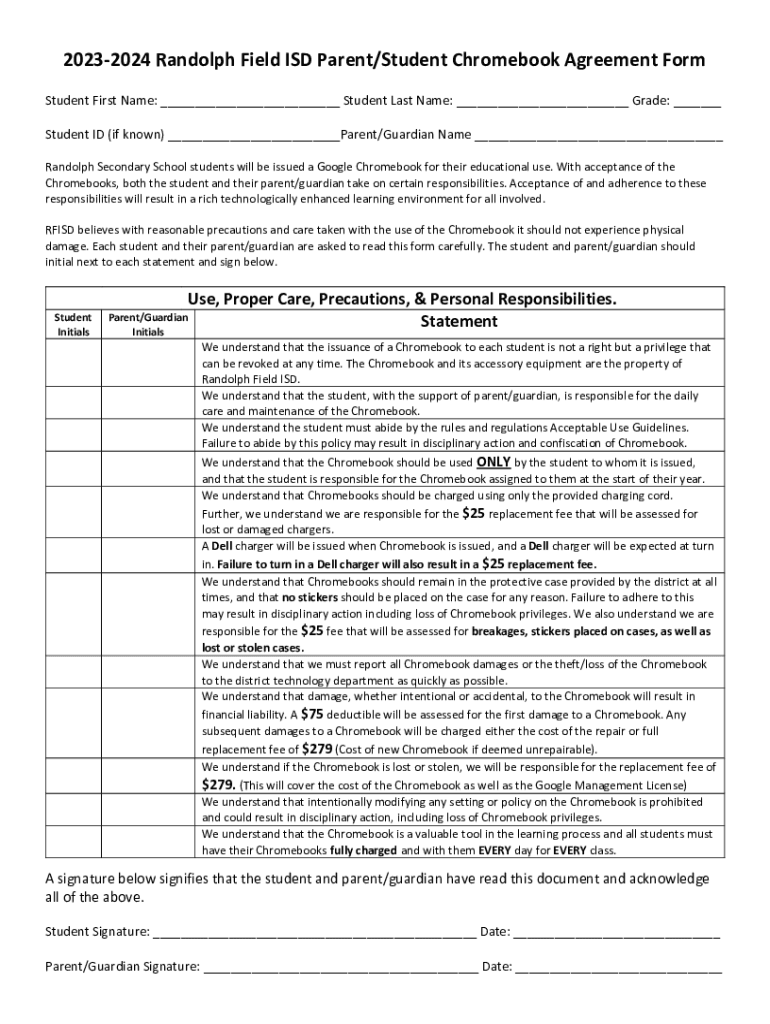 Fillable Online 2023-24 Parent/Student Chromebook Agreement Form Fax ...