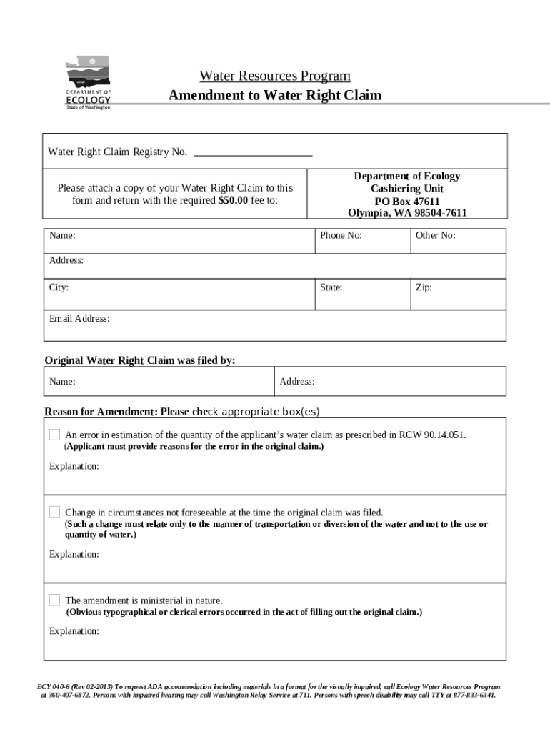 Amendment to Water Right Claim Doc Template | pdfFiller