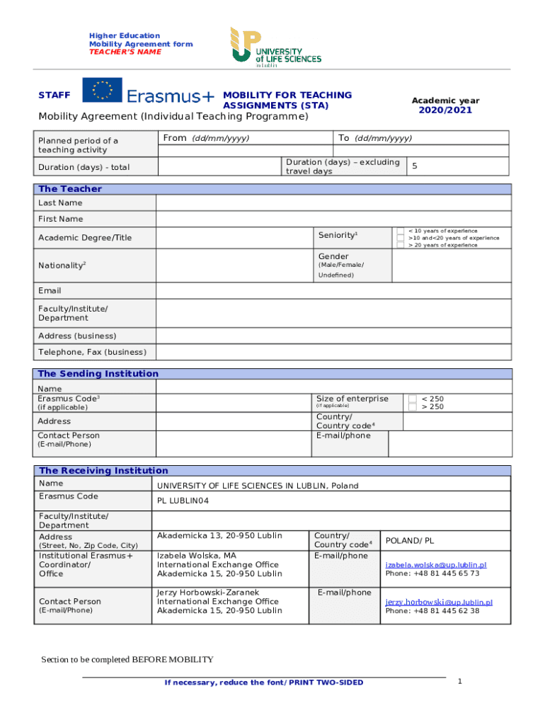 Erasmus+ Staff Teaching/Training Mobility Doc Template | pdfFiller