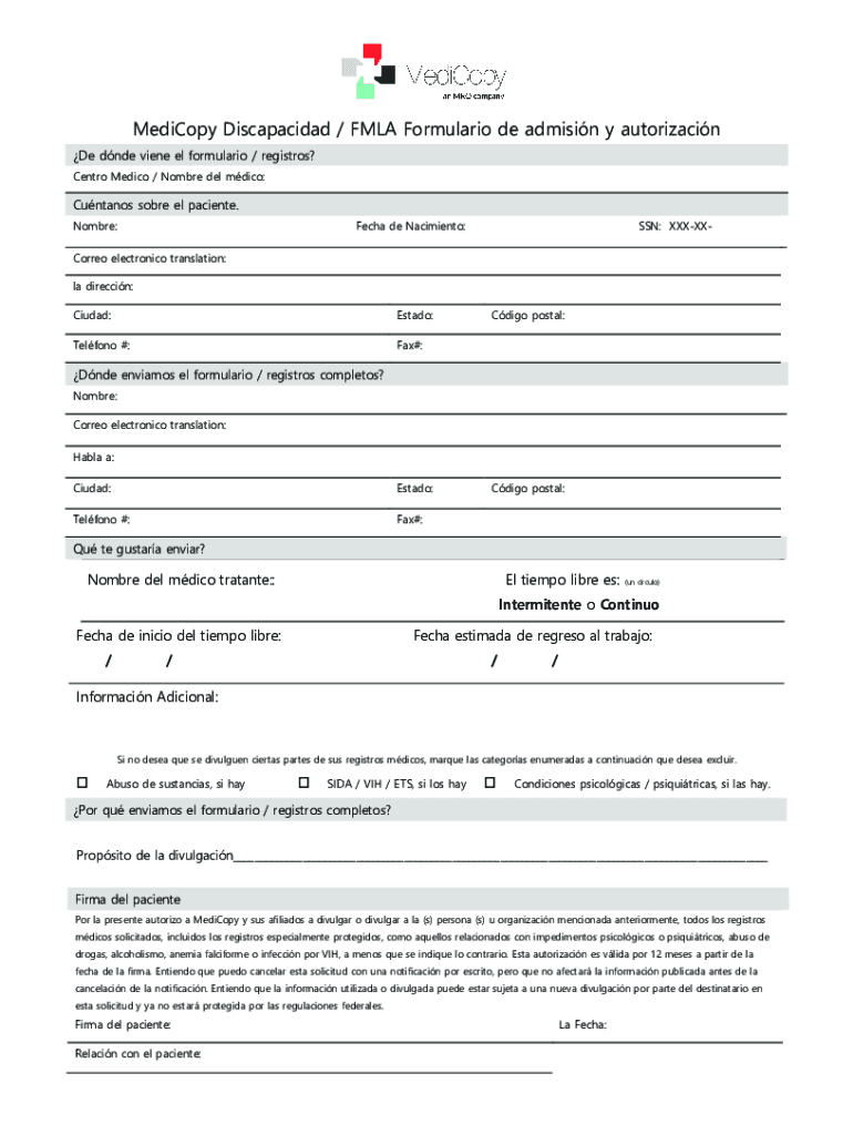 Completable En línea MediCopy Intake Form and Authorization (Spanish ...