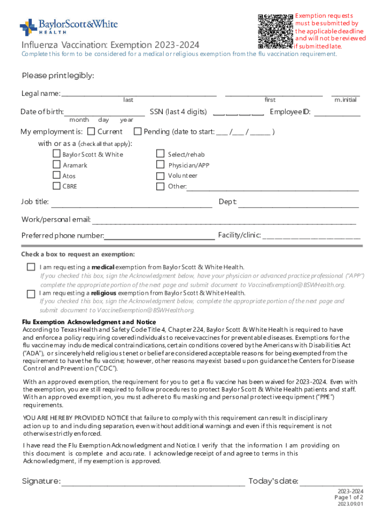 Fillable Online REQUEST FOR RELIGIOUS EXEMPTION --- INFLUENZA ... Fax ...