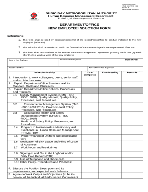 department/office new employee induction feedback Doc Template | pdfFiller