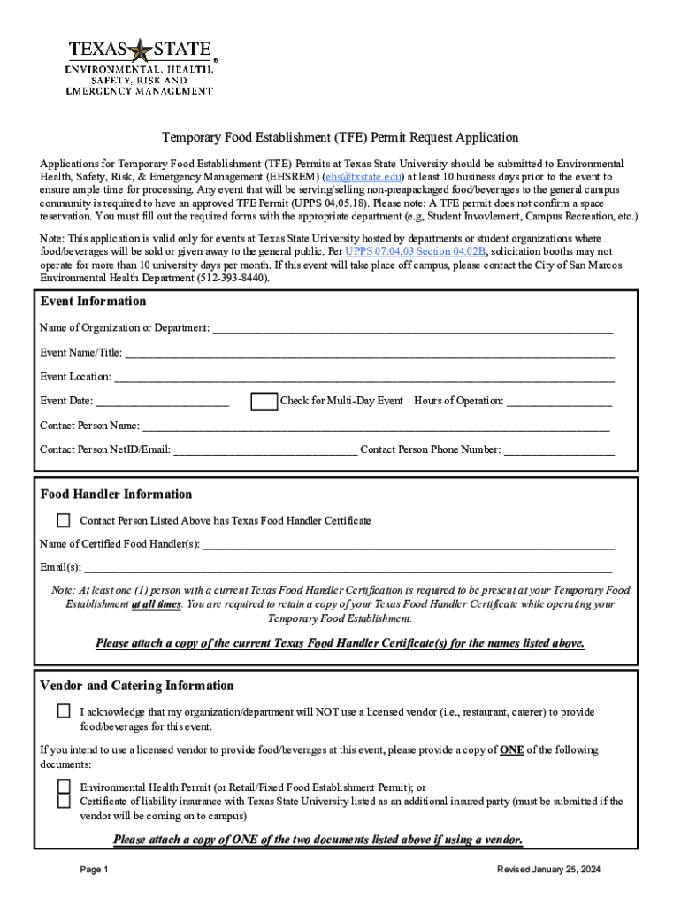 Fillable Online Temporary Food Establishment (TFE) Permit Request ...