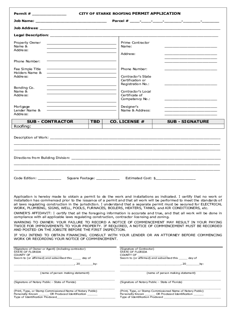 Fillable Online city of starke roofing permit application Fax Email ...