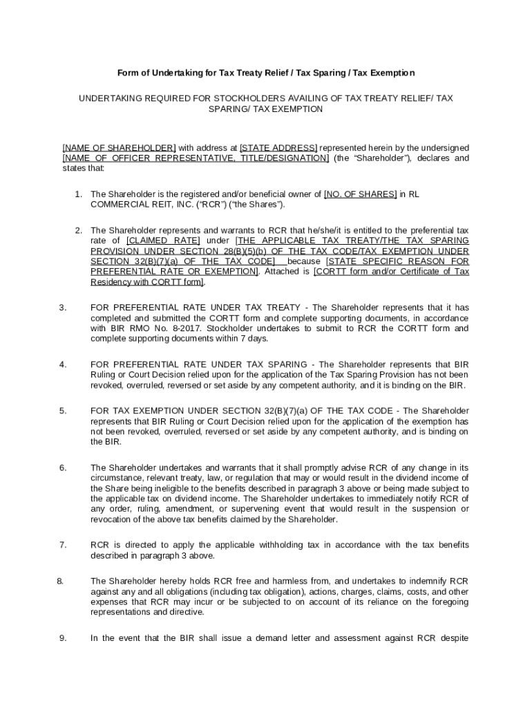 6 - RCR IPO - Undertaking for Tax Treaty Relief or Exemption Doc Template | pdfFiller